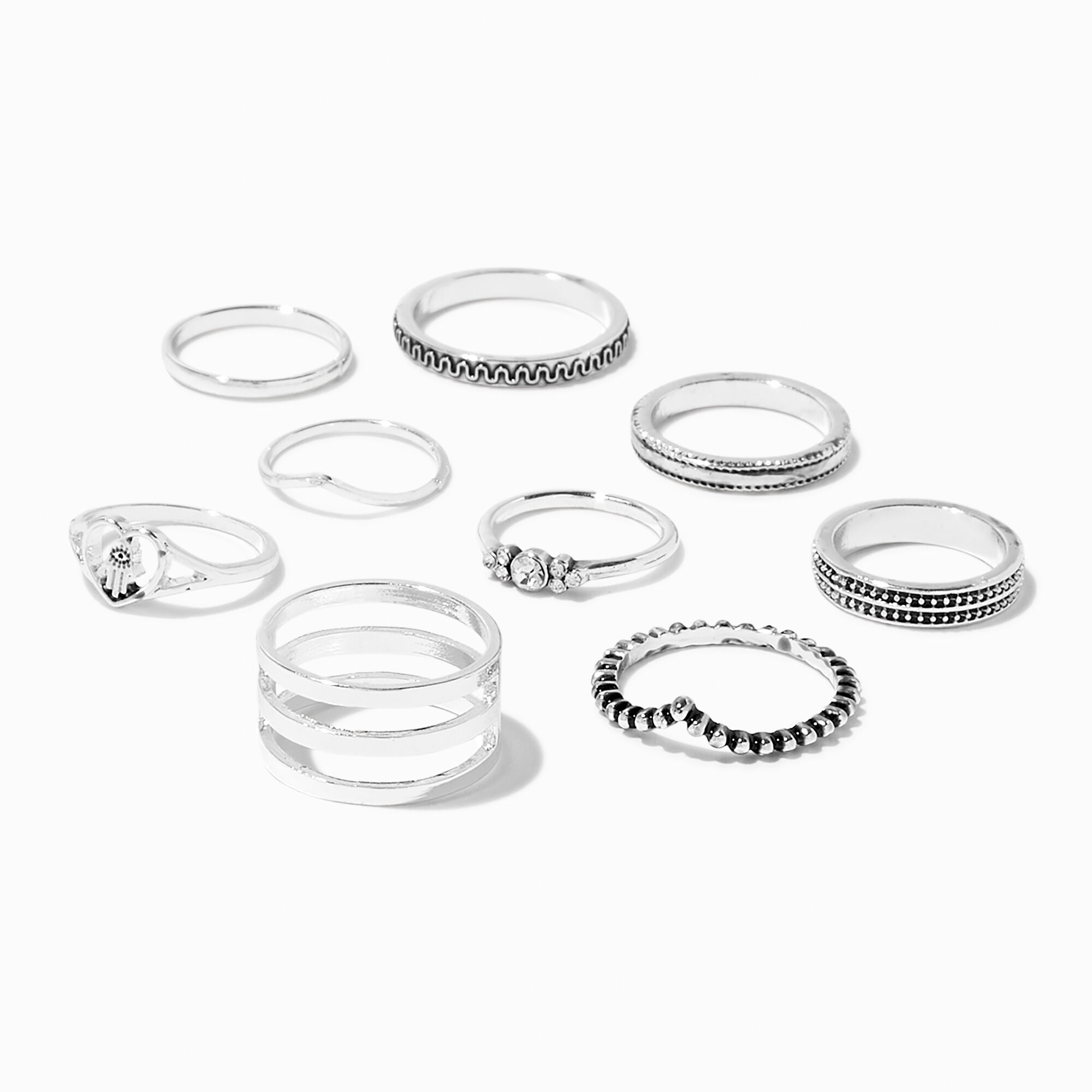 Silver Hamsa Hand Heart Rings Set 10 Pack Icing US