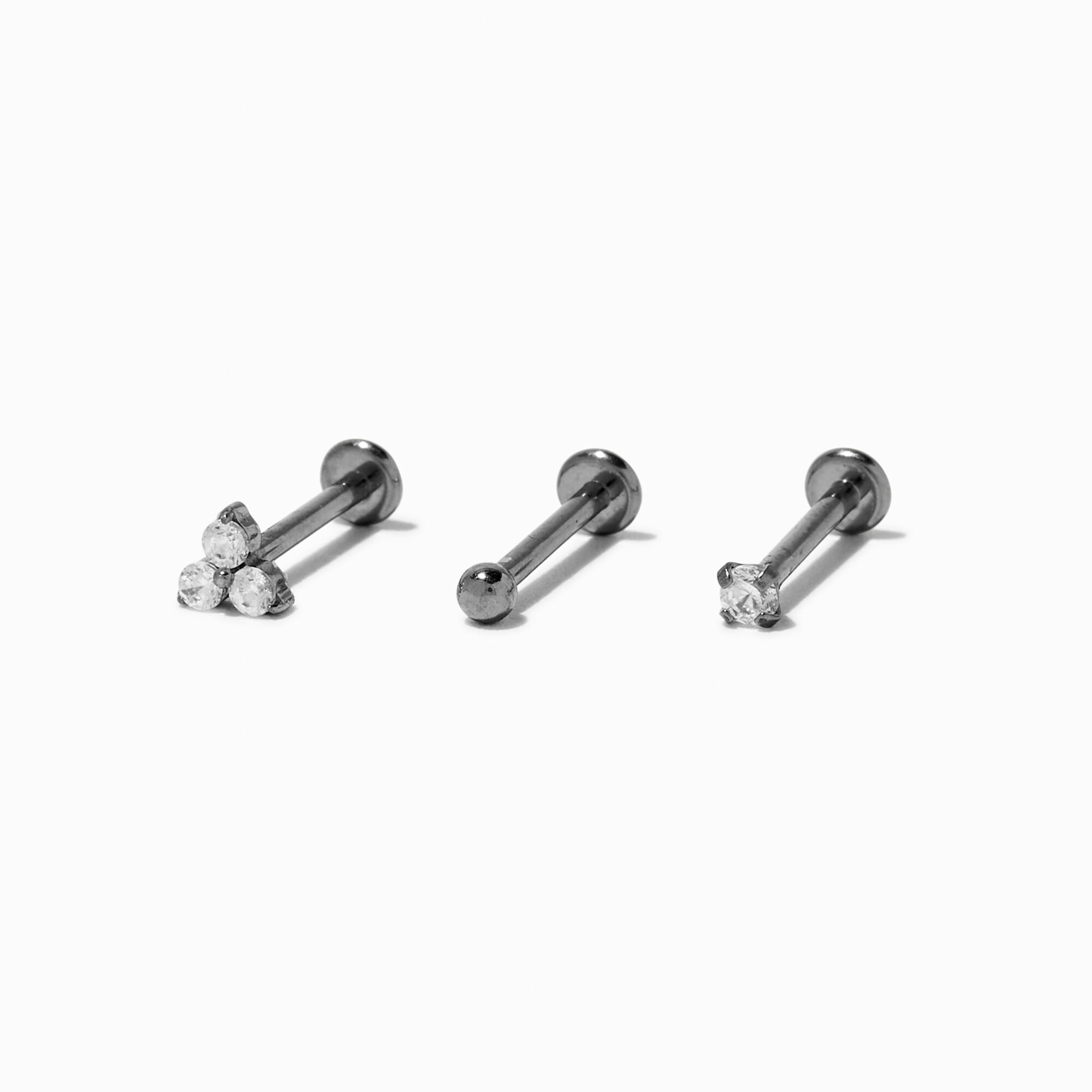 Silver tone Titanium Cubic Zirconia 18G Threadless Tragus Earring 3 Pack