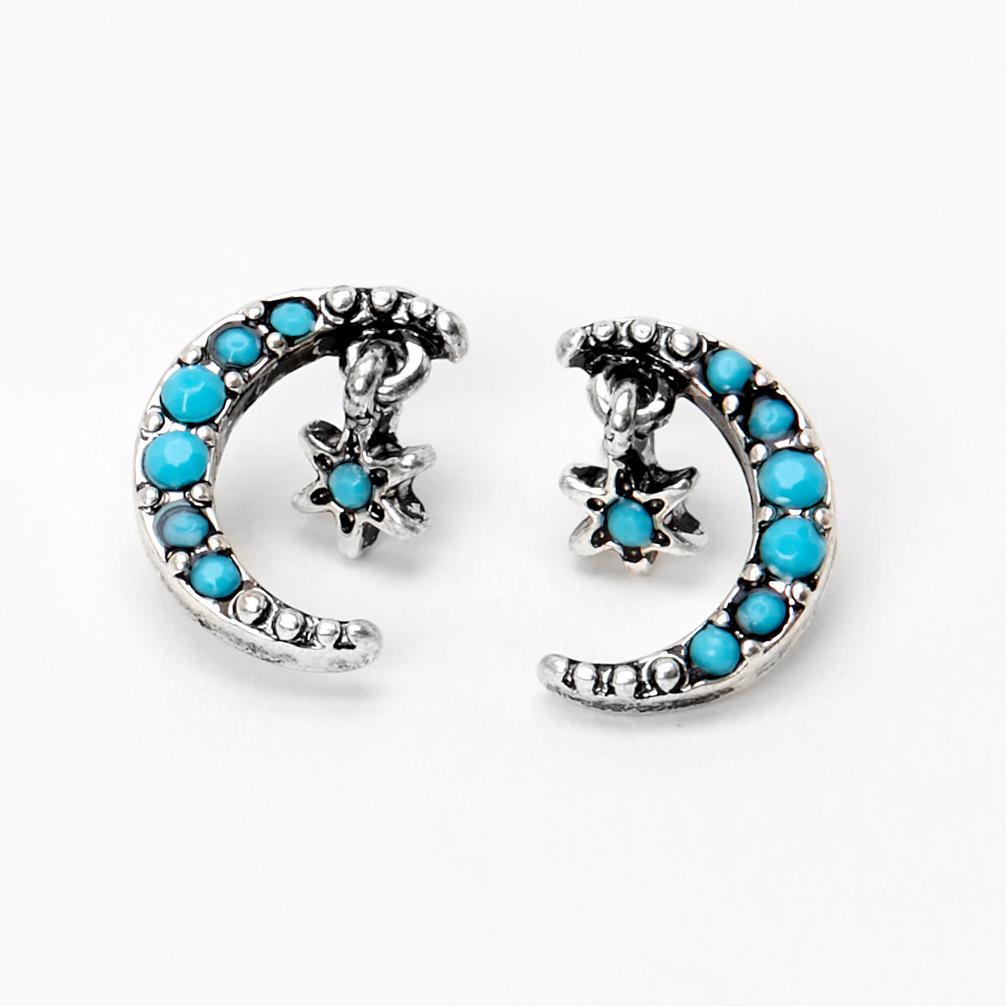 Silver Beaded Crescent Moon Star Stud Earrings Turquoise